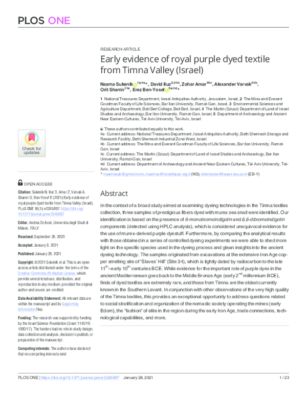 (PDF) Early evidence of royal purple dyed textile from Timna Valley ...