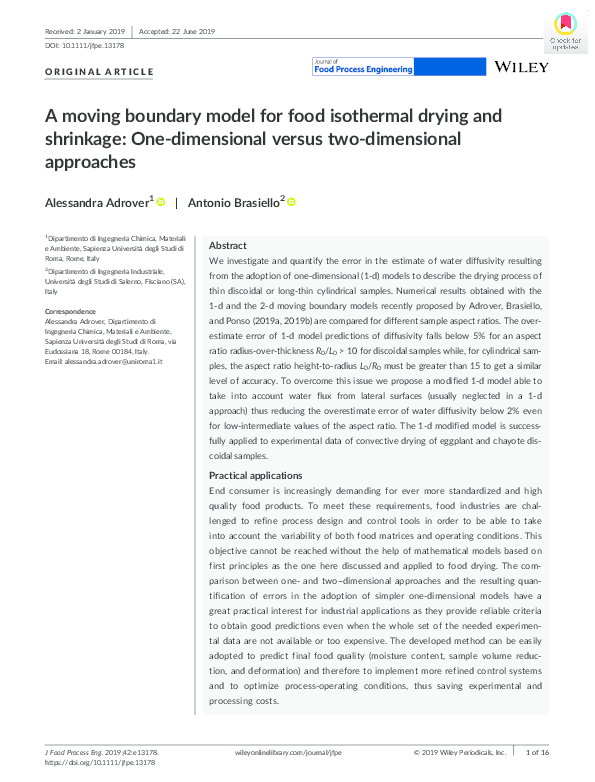 (PDF) A moving boundary model for food isothermal drying and shrinkage: One-dimensional versus ...