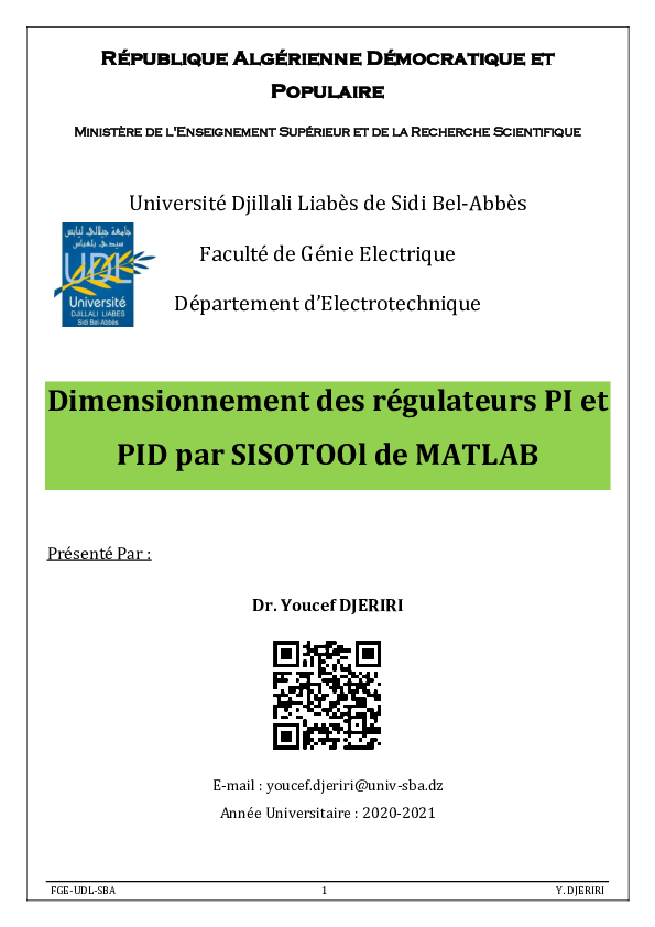 (PDF) Dimensionnement des régulateurs PI et PID par SISOTOOl de MATLAB