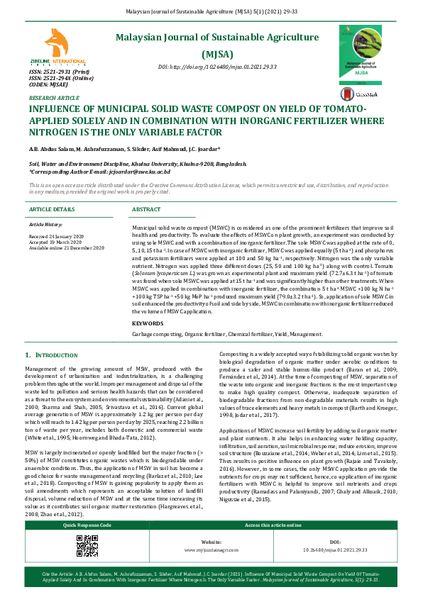 (PDF) Influence Of Municipal Solid Waste Compost On Yield Of Tomato-Applied Solely And In ...