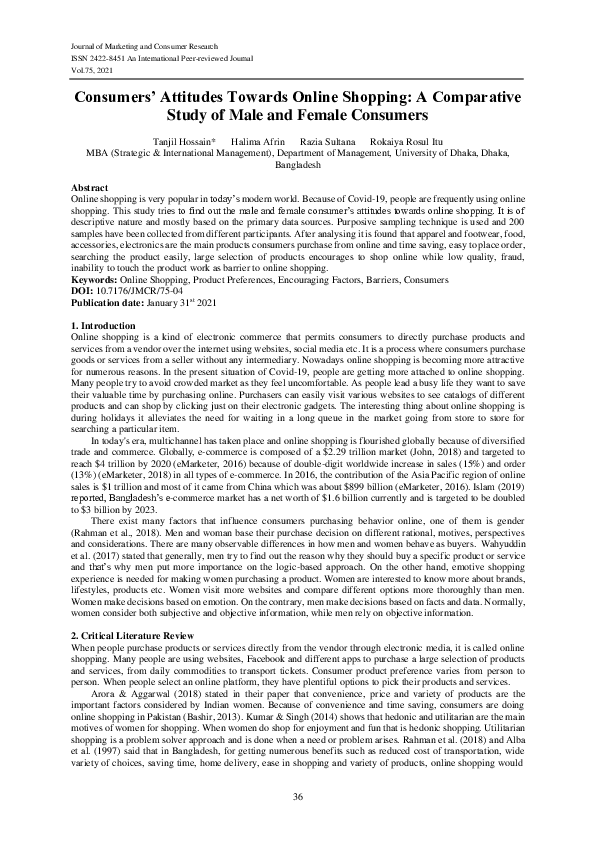 (PDF) Consumers' Attitudes Towards Online Shopping: A Comparative Study of Male and Female Consumers