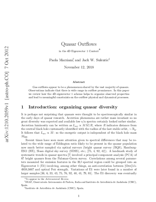 (PDF) Quasar Outflows in the 4D Eigenvector 1 Context