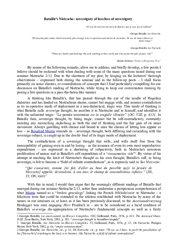 (PDF) Bataille's Nietzsche Sovereignty of loss/loss of sovereignty