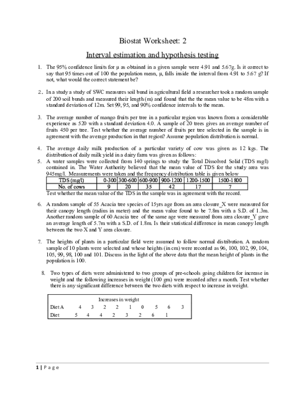 (DOC) Worksheet on hypothesis testing