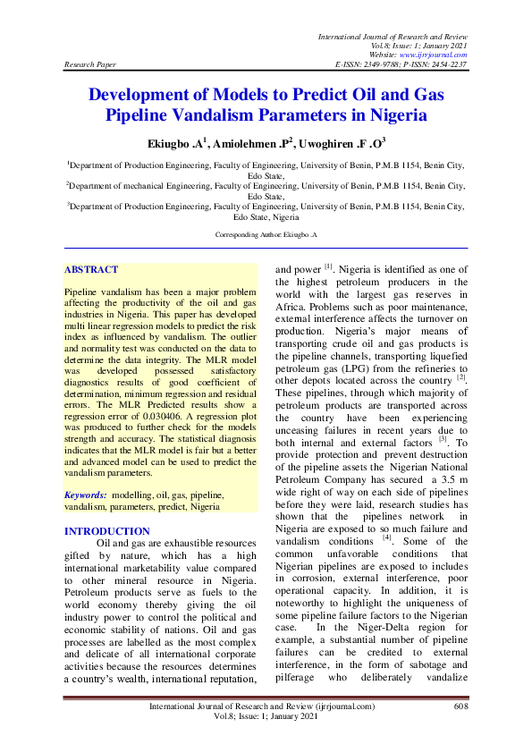 (PDF) Development of Models to Predict Oil and Gas Pipeline Vandalism Parameters in Nigeria