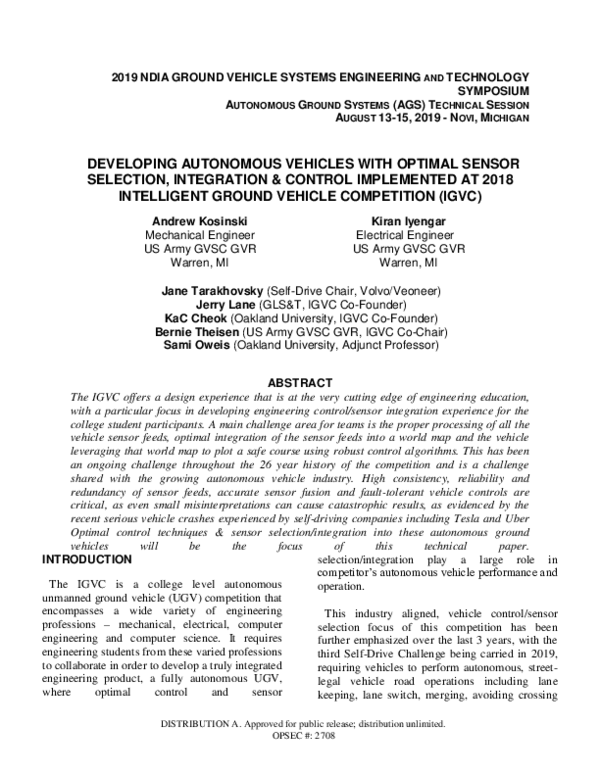 (PDF) DEVELOPING AUTONOMOUS VEHICLES WITH OPTIMAL SENSOR SELECTION, INTEGRATION & CONTROL ...
