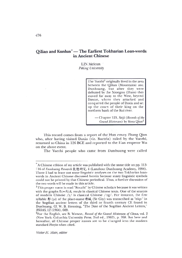 (PDF) Qilian and Kunlun: The Earliest Tokharian Loan-words in Ancient Chinese | LIN Meicun ...