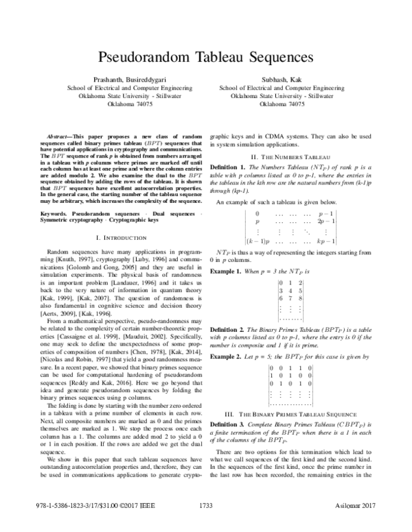 (PDF) Pseudorandom Tableau Sequences