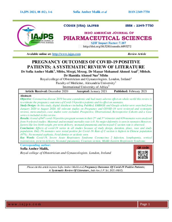 (PDF) PREGNANCY OUTCOMES OF COVID-19 POSITIVE PATIENTS; A SYSTEMATIC ...