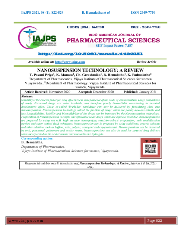 (PDF) PHARMACEUTICAL SCIENCES SJIF Impact Factor: 7.187 NANOSUSPENSION ...