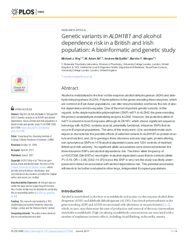 (PDF) Genetic variants in ALDH1B1 and alcohol dependence risk in a ...