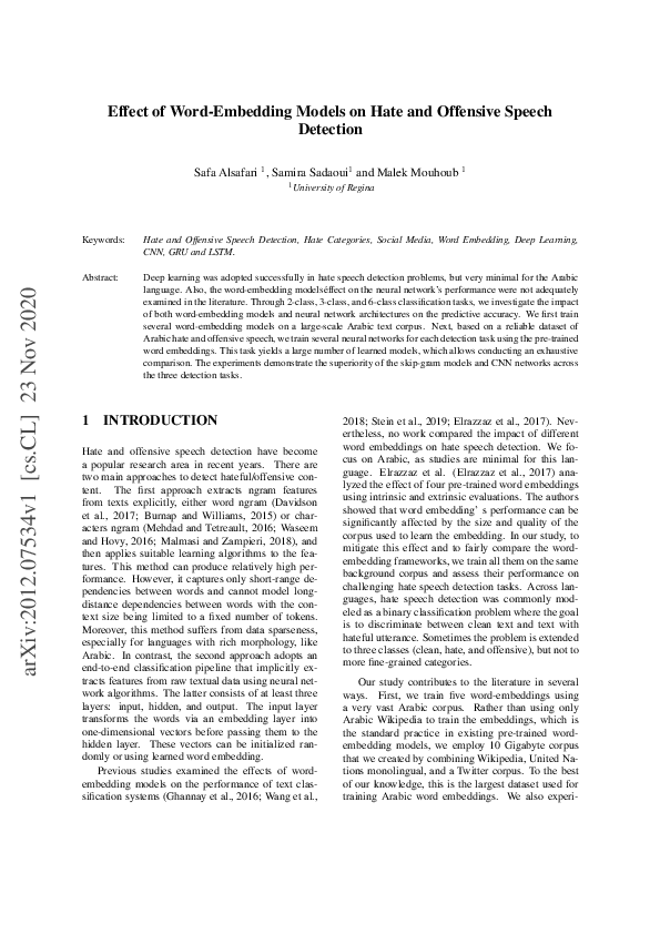 Pdf Effect Of Word Embedding Models On Hate And Offensive Speech Detection 4448