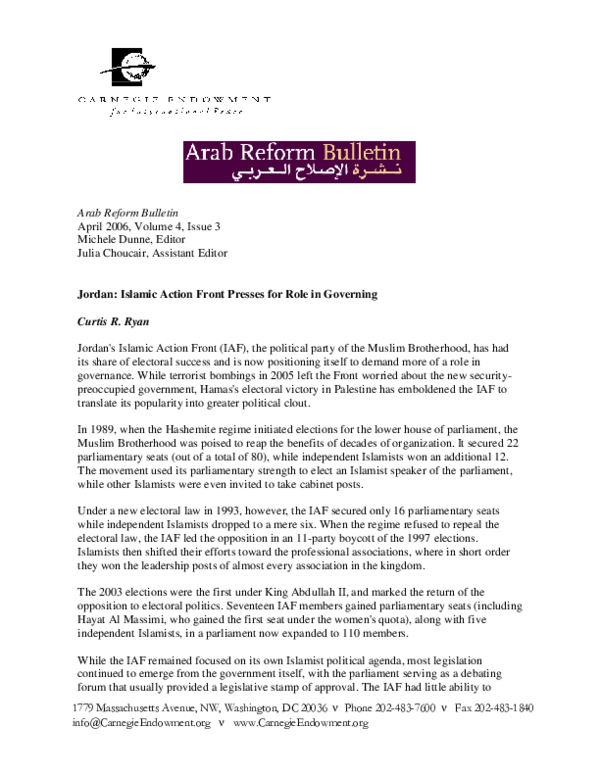 (PDF) Jordan: Islamic Action Front Presses for Role in Governing
