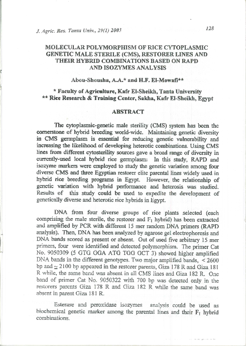 (PDF) MOLECULAR POLYMORPHISM OF RICE CYTOPLASMIC GENETIC MALE STERILE ...