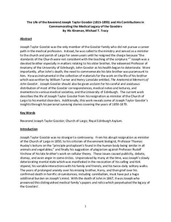 (PDF) The Life of the Reverend Joseph Taylor Goodsir 1815 1893