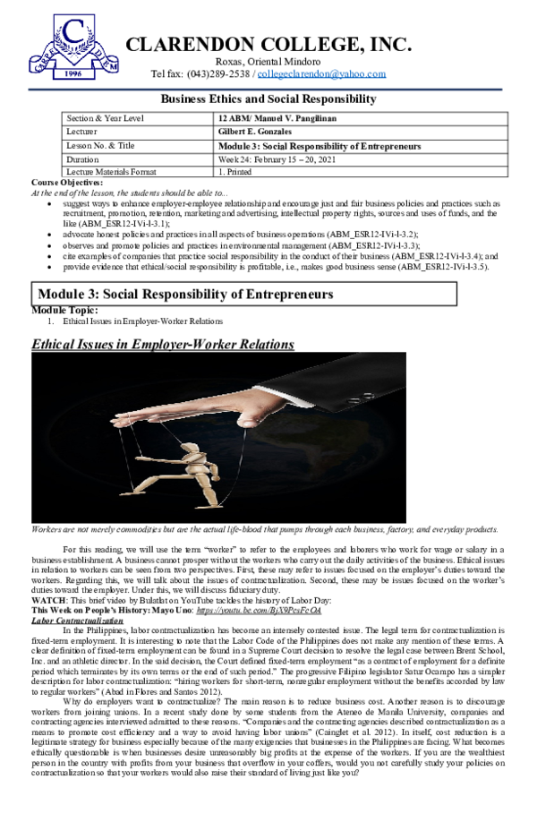 (DOC) Business Ethics and Social Responsibility Module 3: Social ...