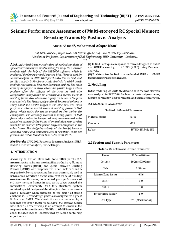 Pdf Seismic Performance Assessment Of Multi Storeyed Rc Special Moment Resisting Frames By