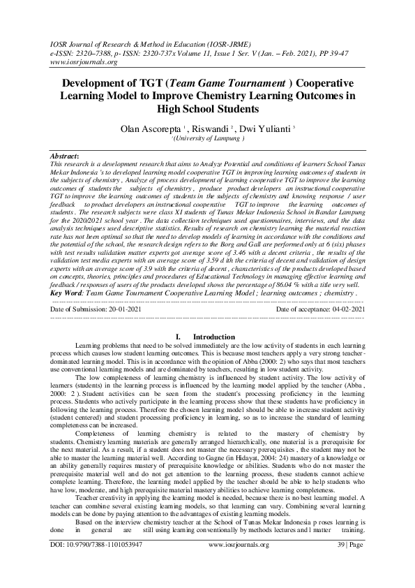 (PDF) Development of TGT (Team Game Tournament ) Cooperative Learning ...