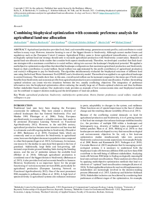 Pdf Combining Biophysical Optimization With Economic Preference Analysis For Agricultural Land