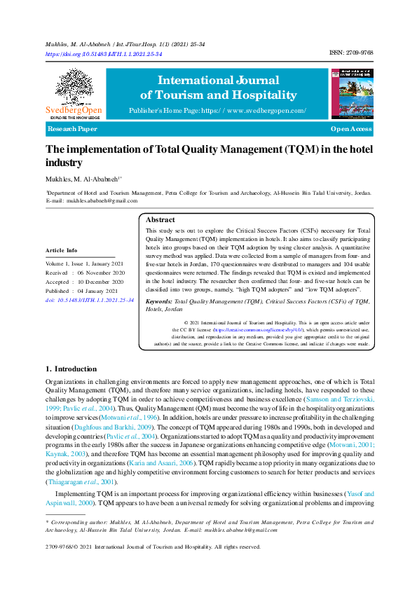 (PDF) The implementation of Total Quality Management (TQM) in the hotel ...