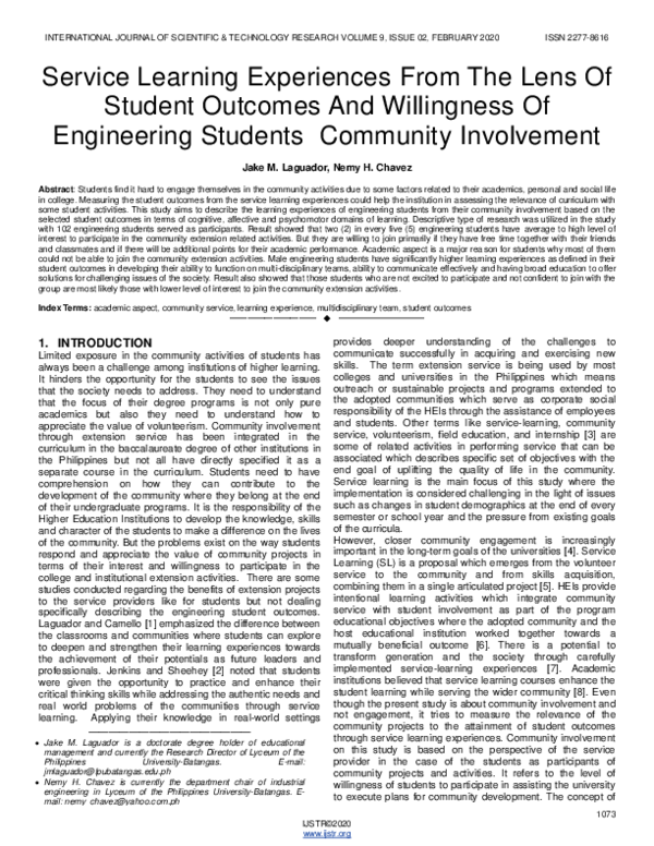 (PDF) Service Learning Experiences From The Lens Of Student Outcomes ...