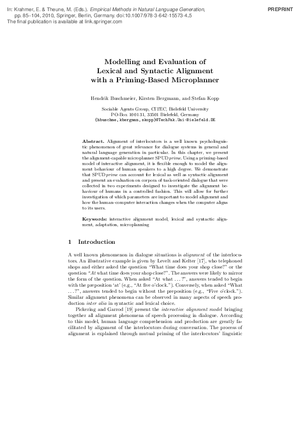 Pdf Modelling And Evaluation Of Lexical And Syntactic Alignment With A Priming Based Microplanner