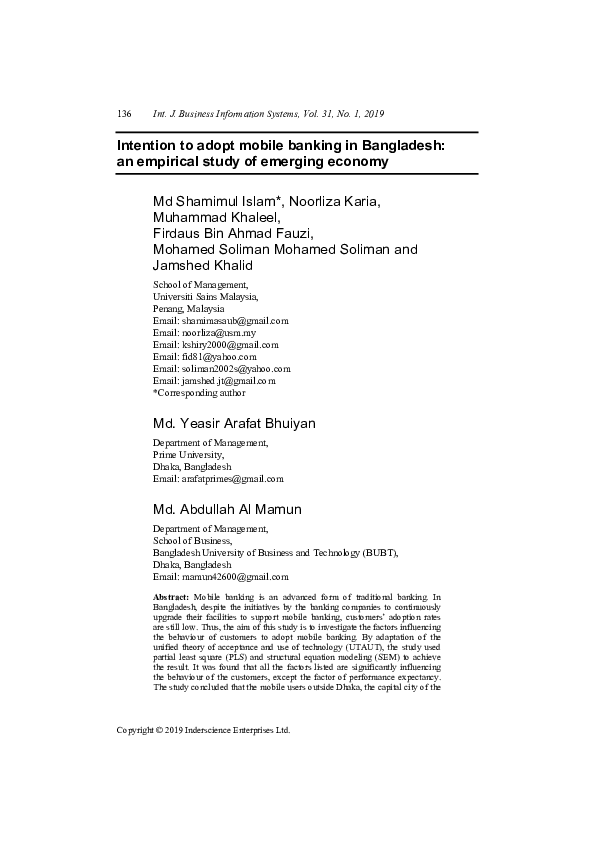 (PDF) Intention to adopt mobile banking in Bangladesh: an empirical study of emerging economy