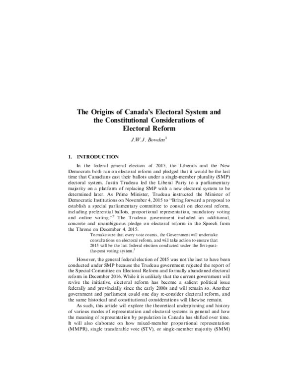 (PDF) The Origins of Canada's Electoral System and the Constitutional ...