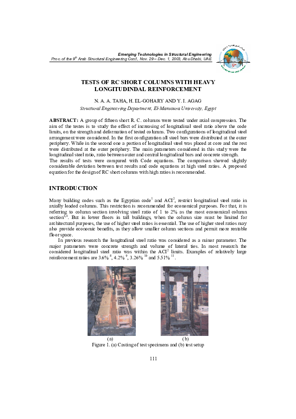 (PDF) TESTS OF RC SHORT COLUMNS WITH HEAVY LONGITUDINDAL REINFORCEMENT