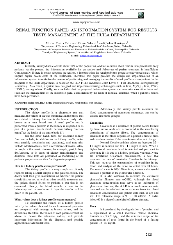 (PDF) RENAL FUNCTION PANEL: AN INFORMATION SYSTEM FOR RESULTS TESTS ...