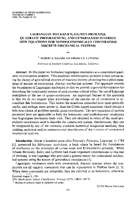 (PDF) LAGRANGIAN MECHANICS, GAUSS'S PRINCIPLE, QUADRATIC PROGRAMMING, AND GENERALIZED INVERSES ...