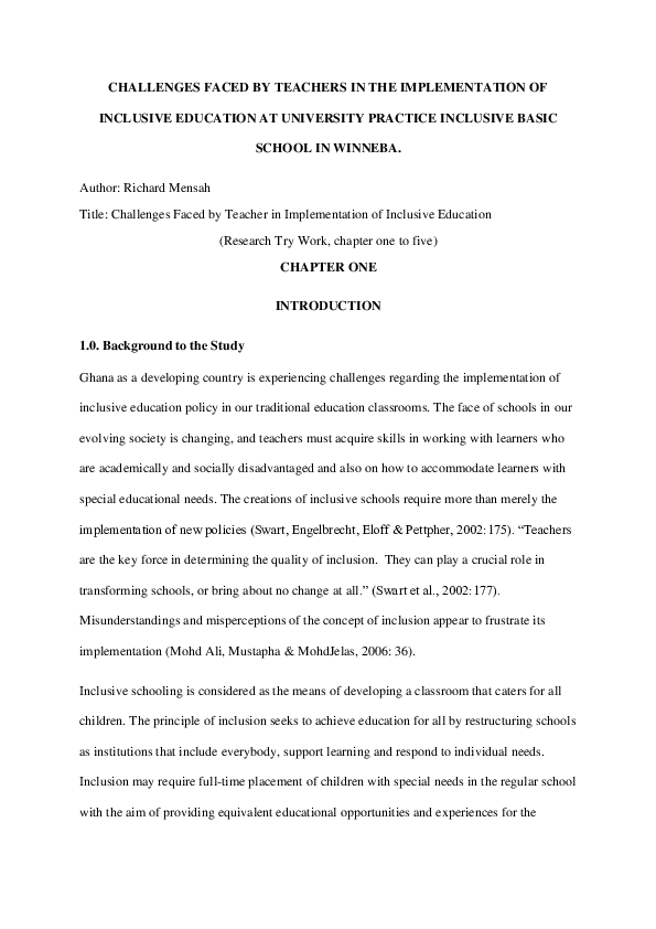 (PDF) CHALLENGES FACED BY TEACHERS IN THE IMPLEMENTATION OF INCLUSIVE ...