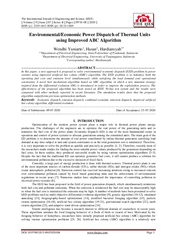 (PDF) Environmental/Economic Power Dispatch of Thermal Units using Improved ABC Algorithm