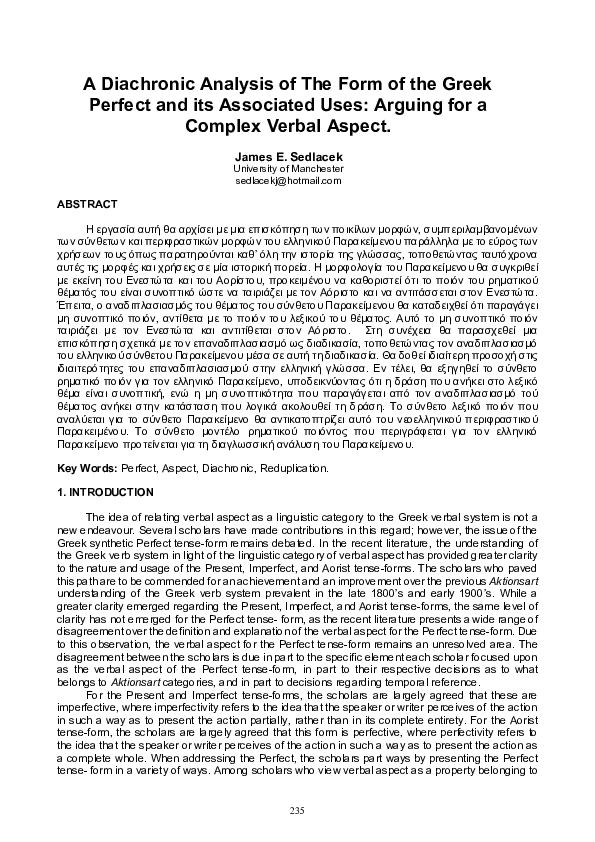 (PDF) A Diachronic Analysis of The Form of the Greek Perfect and its ...