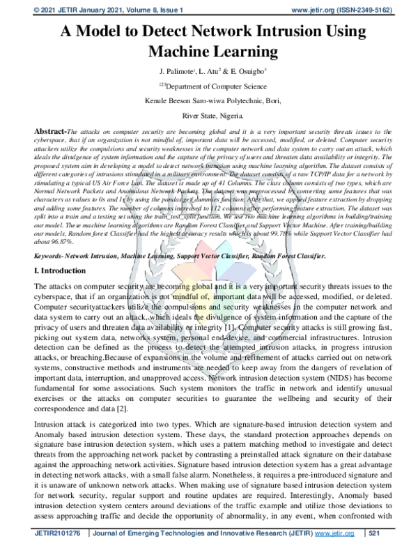 (PDF) A Model to Detect Network Intrusion using Machine Leaning