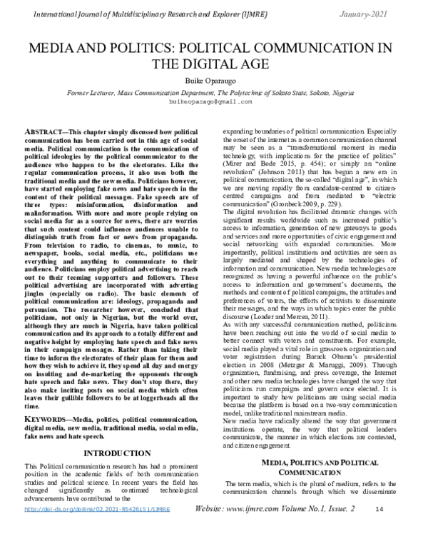 (PDF) MEDIA AND POLITICS: POLITICAL COMMUNICATION IN THE DIGITAL AGE