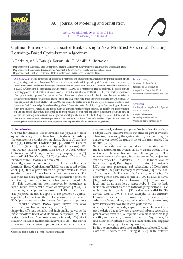 (PDF) Optimal Placement of Capacitor Banks Using a New Modified Version of Teaching- Learning ...