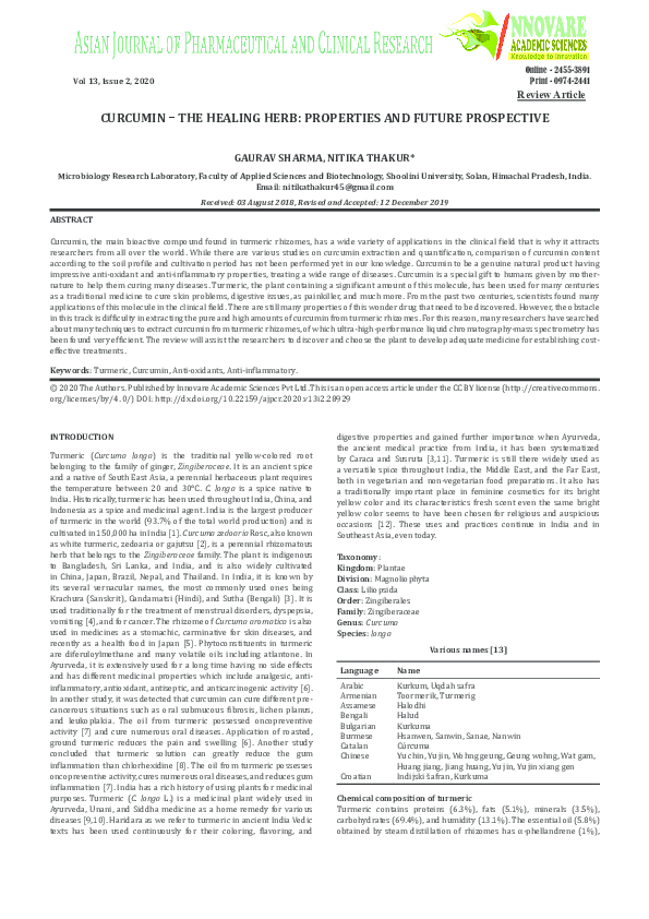 (PDF) CURCUMIN -THE HEALING HERB: PROPERTIES AND FUTURE PROSPECTIVE