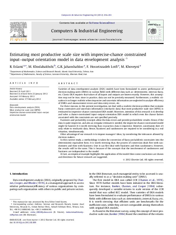 (PDF) Estimating most productive scale size with imprecise-chance constrained input–output ...
