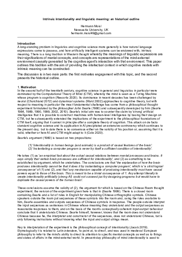 (PDF) Intrinsic intentionality and linguistic meaning: an historical outline