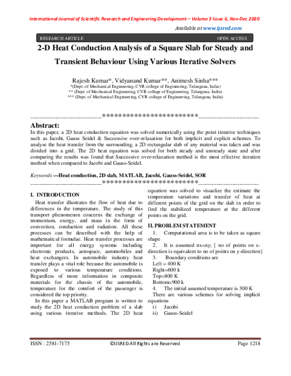 (PDF) 2-D Heat Conduction Analysis of a Square Slab for Steady and ...