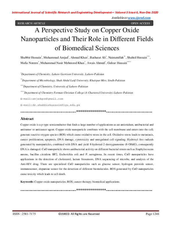 (PDF) A Perspective Study on Copper Oxide Nanoparticles and Their Role ...