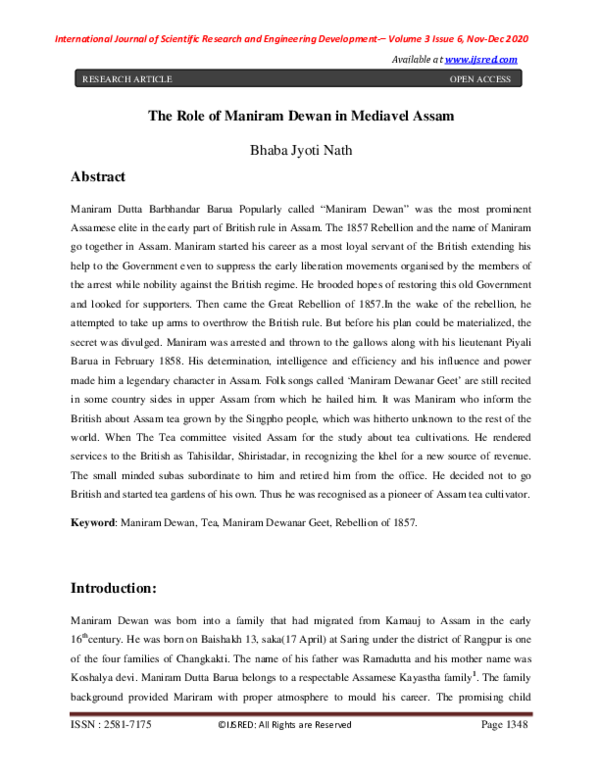 (PDF) The Role of Maniram Dewan in Mediavel Assam