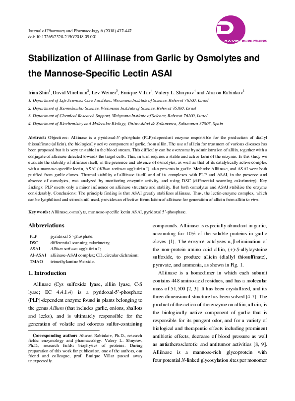(PDF) Stabilization of Alliinase from Garlic by Osmolytes and the ...