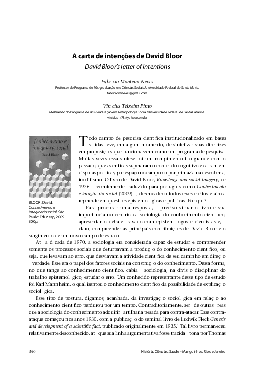 (PDF) A carta de intenções de David Bloor. David Bloor's letter of ...