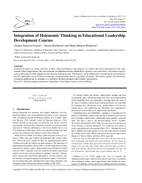 (PDF) Integration of Holonomic Thinking in Educational Leadership ...
