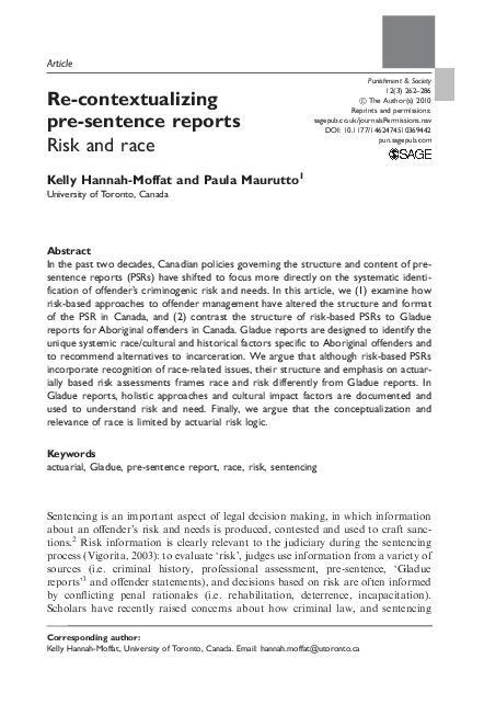 (PDF) Re-contextualizing pre-sentence reports Risk and race