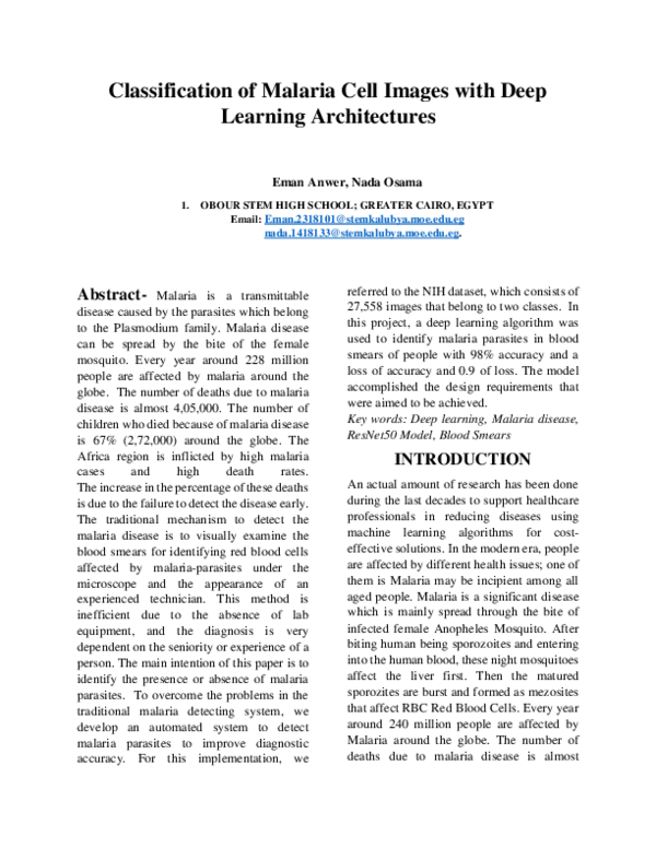 Pdf Classification Of Malaria Cell Images With Deep Learning Architectures