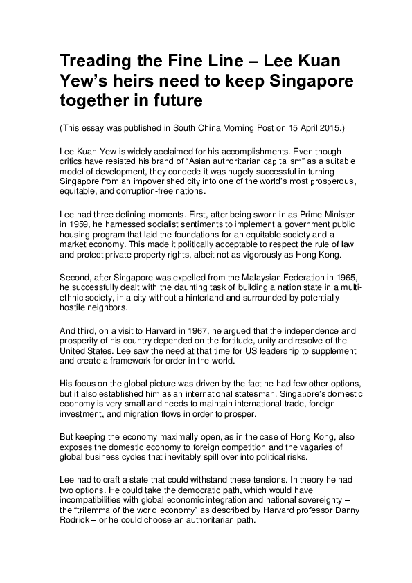 (PDF) Treading the Fine Line -Lee Kuan Yew's heirs need to keep ...