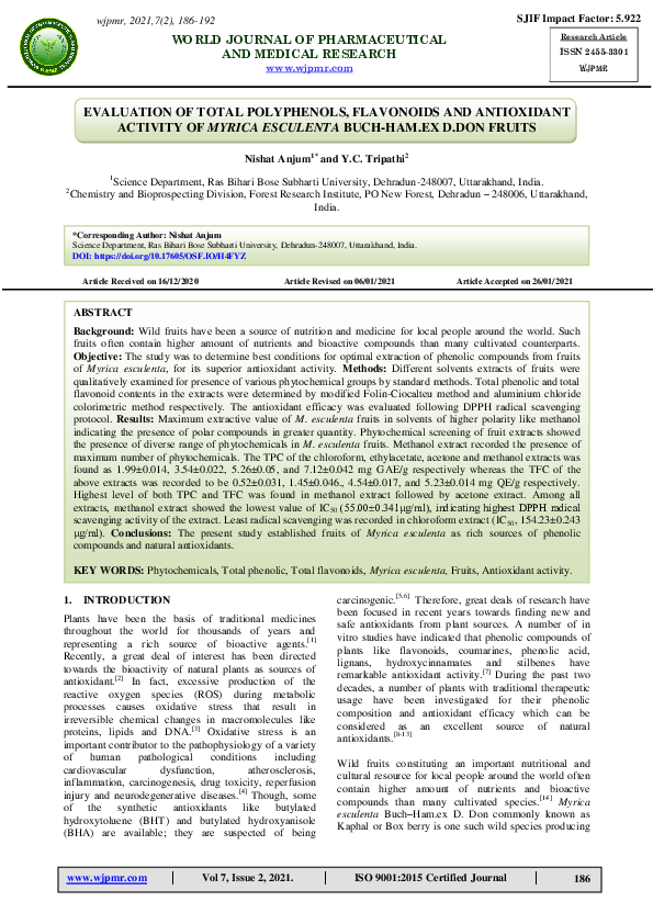 (PDF) Evaluation of Total Polyphenols, Flavonoids and Antioxidant Activity of Myrica Esculenta ...